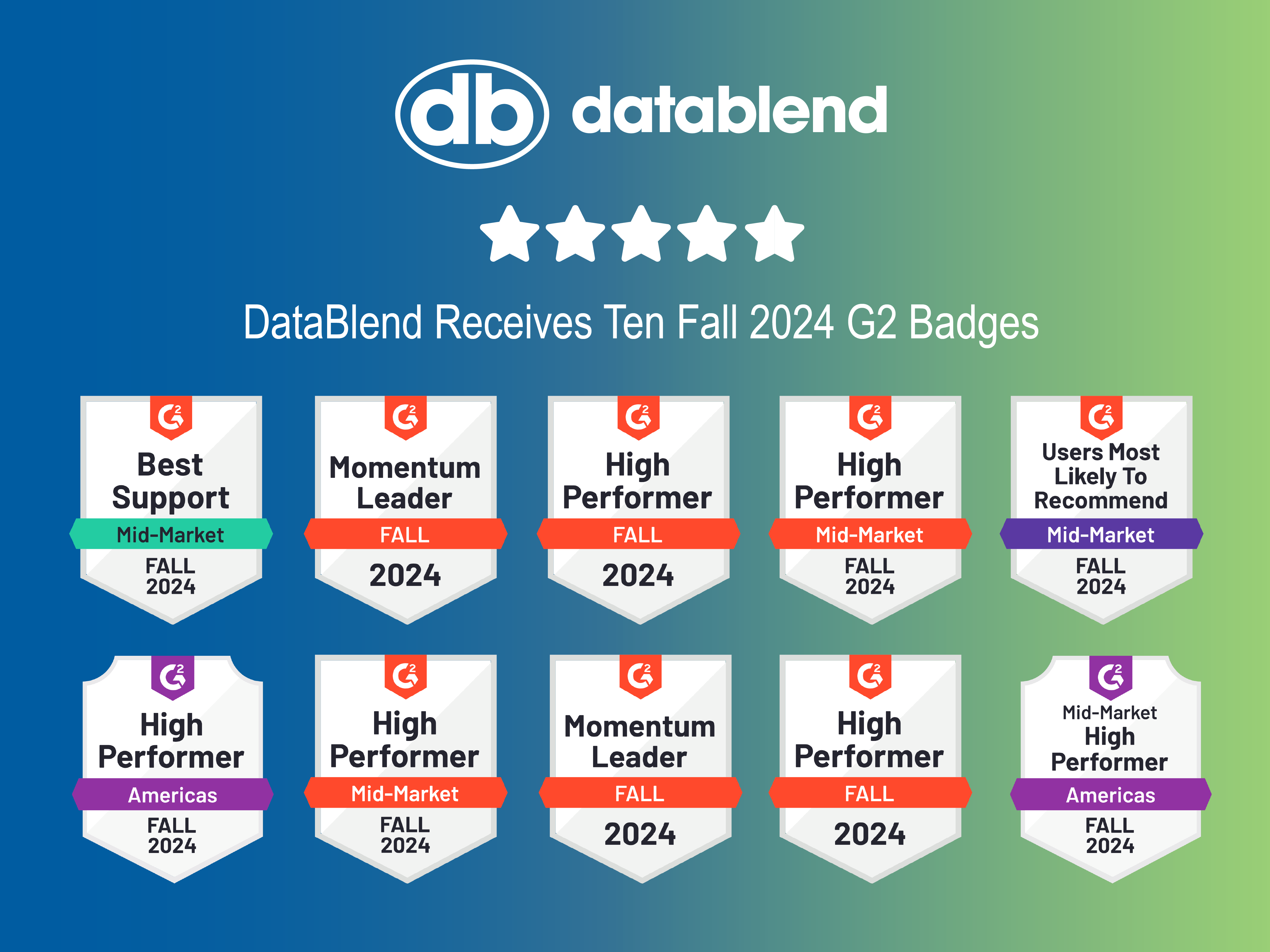 DataBlend Receives Ten Fall 2024 G2 Badges – Including Users Most Likely To Recommend Mid-Market